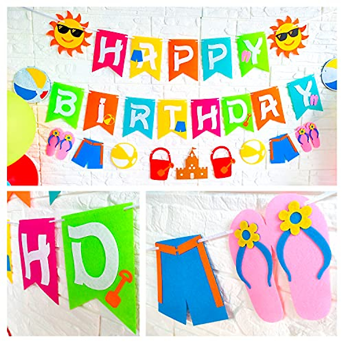 Beach Birthday Banner Garland Decorations for Hawaiian Aloha Luau Beach Pool Barbecue Party Beach Ball Happy Birthday Party Favor Supplies