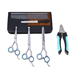 TOPGOOSE Dog Grooming Scissors Set, Safety Round Tip Grooming Tools 6 Pieces Kit for Pet Dogs Cats Full Body - Professional Curved, Thinning, Straight Scissors, Comb, Nail Clipper and Nail File