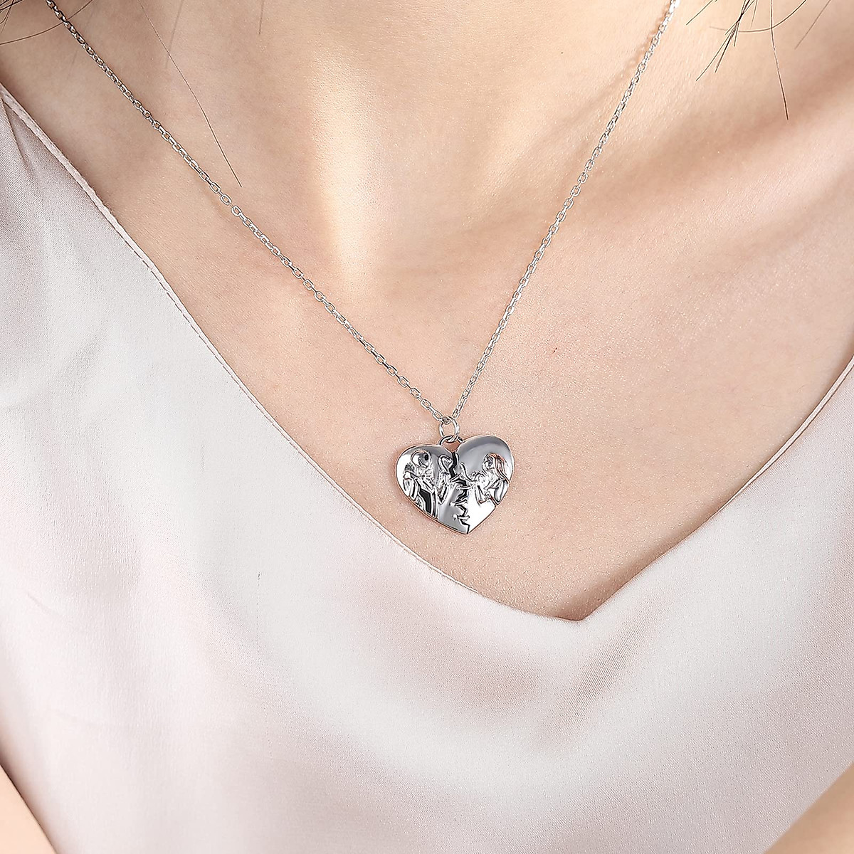 Nightmare Before Christmas Necklaces for Women - 925 Sterling Silver Jeulia Jack Skellington and Sally Heart Love Jewelry Gifts for Girlfriend Wife (Jack and Sally)