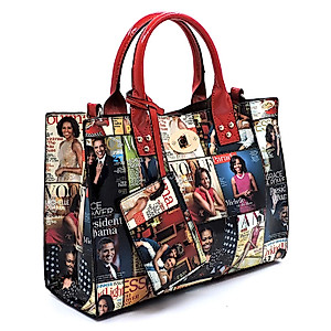 Glossy magazine cover collage crossbody bag purses Michelle Obama mini handbag 3pcs set (MULTI/RED)