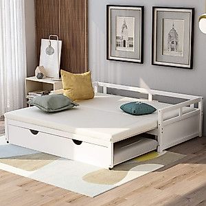 Flieks Daybed with Trundle Bed Twin to King Design Sofa Bed, 78.2" L x 79" W Extendable Bed Daybed for Bedroom Living Room (White)