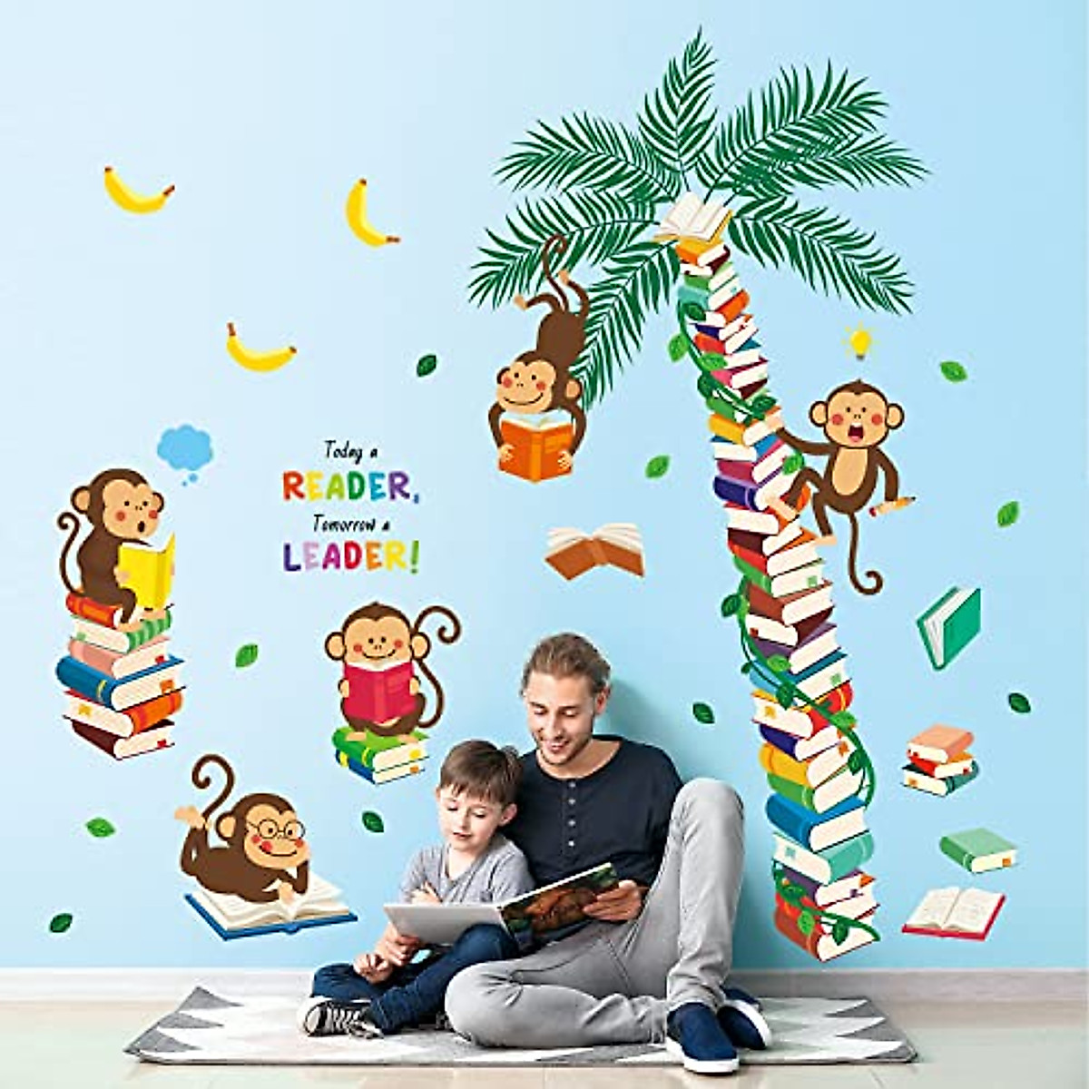 DECOWALL DSL-8065 Monkey Tree Books Wall Stickers Decals for Kids Jungle Reading playroom Toddler Reading Nook Safari Classroom Bedroom Baby Decor DIY Animals Nursery