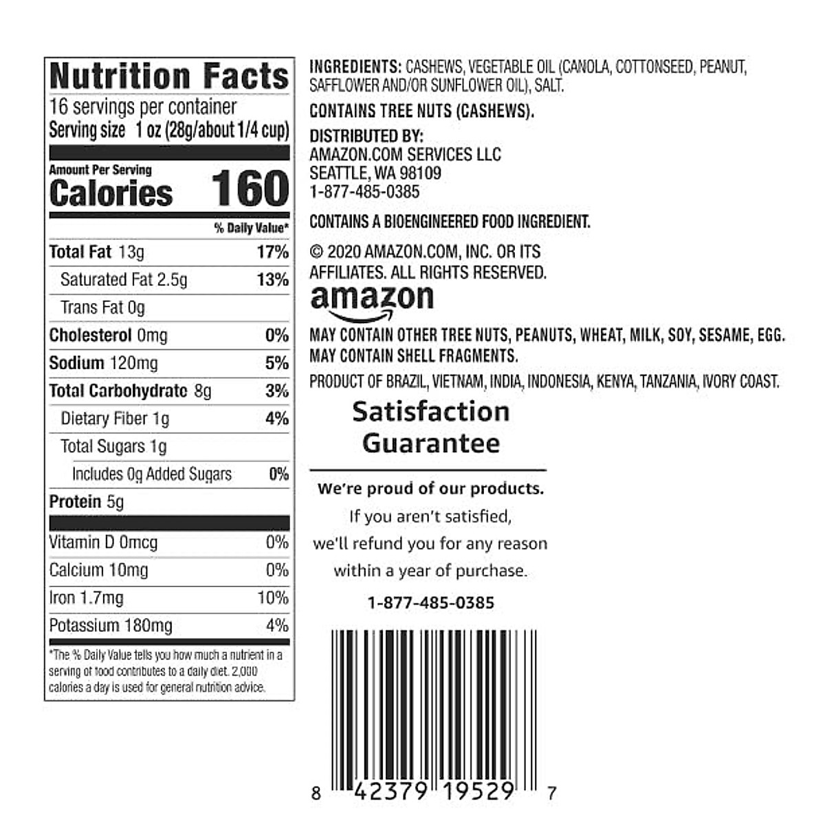 Amazon Brand - Happy Belly Cashews, Roasted & Salted, 16 ounce