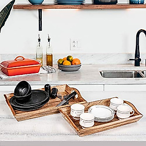 Antique Mango Wood Serving Tray Set of 2 with Burn Finish for Tea/Coffee Food Items and Hold Kitchen Ware 17x12x2.5- Big, 15.5x10x2.5- Small Wooden Trays, Burn Brown Finish