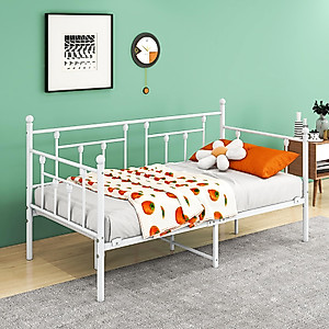 HAHRIR Metal Daybed Frame and Trundle Set Premium Steel Slat Support Daybed and Roll Sofa Bed (Shiny White, Twin)