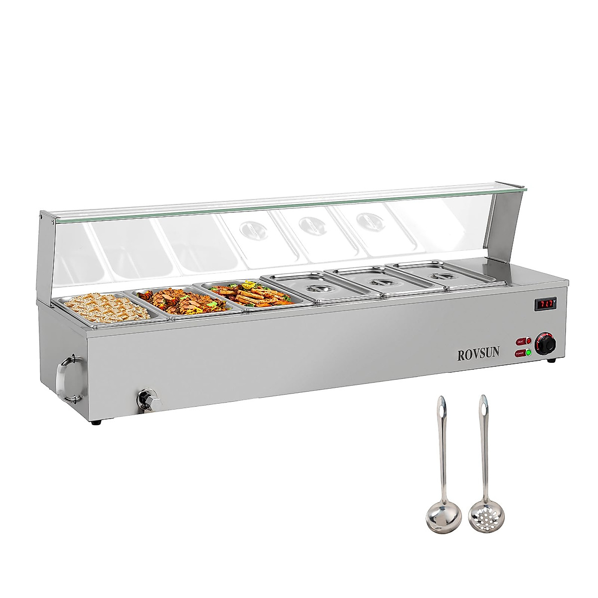 ROVSUN 48QT 1500W Electric Commercial Food Warmer, 6-Pan Steam Table 8QT/Pan Stainless Steel Bain Marie Countertop w/Acrylic Shield Temperature Control & Lid for Buffet Restaurant 110V