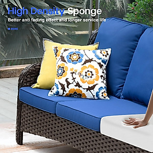 XIZZI Patio Furniture Set Outdoor Conversation Sofa with 42 Inch Rectangle Propane Fire Pit Table All Weather PE Rattan Wicker High Back Outside Couch for Backyard and Garden,Brown Wicker Navy Blue