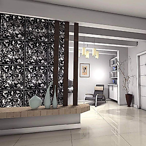 ANMINY 24 PCS Hanging Room Divider Flower Carving Pattern Panels Decorative Wall Screen Panel Hollow Out Design for Living Dining Room Kitchen Bedroom Office Restaurant Home Hotel Decor - Black+White