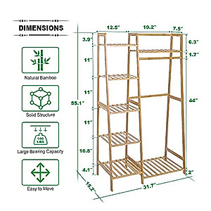 Ufine Bamboo Garment Rack 7-Tier Storage Shelves Clothes Hanging Rack, Heavy Duty Clothing Rack Minimalism Wardrobe Closet Organizer for Indoor