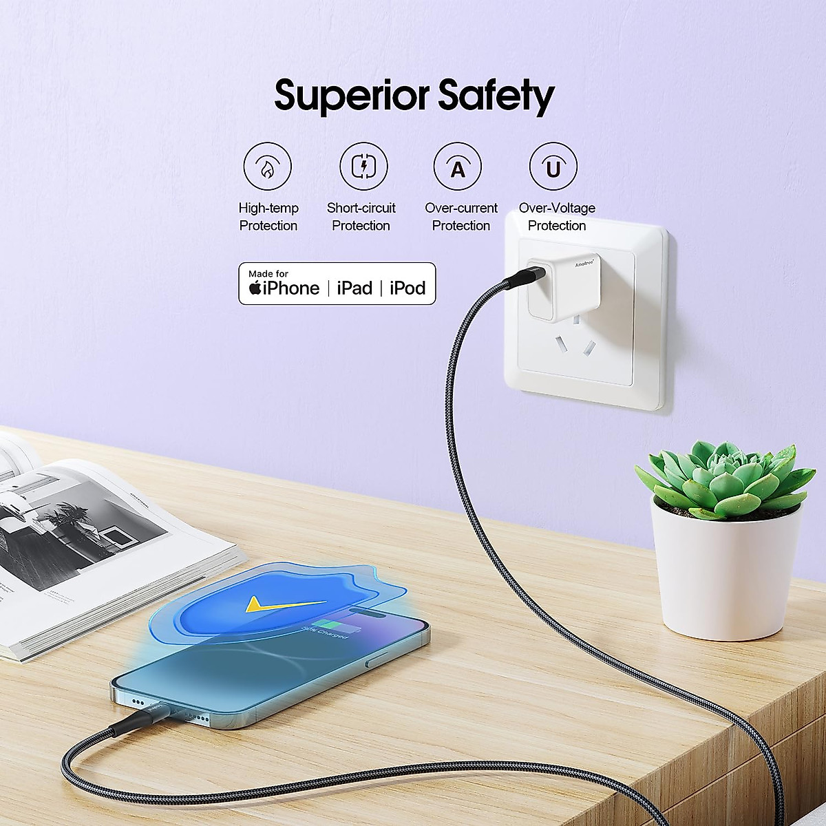 Amaitree USB C to Lightning Cable 4Ft, [Apple MFi Certified] 2-Pack 3A Fast Charging Type-C to Lightning Woven Cable, Car Play Charging Braided Cable for iPhone 14/13/12/11/XS/XR/8 Series - Black