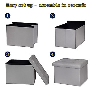 Folding Cube Storage Ottoman with Padded Seat , Foot Rest & Stepping Stool - PU Leather Grey Ottoman with Storage for Living Room & Bedroom