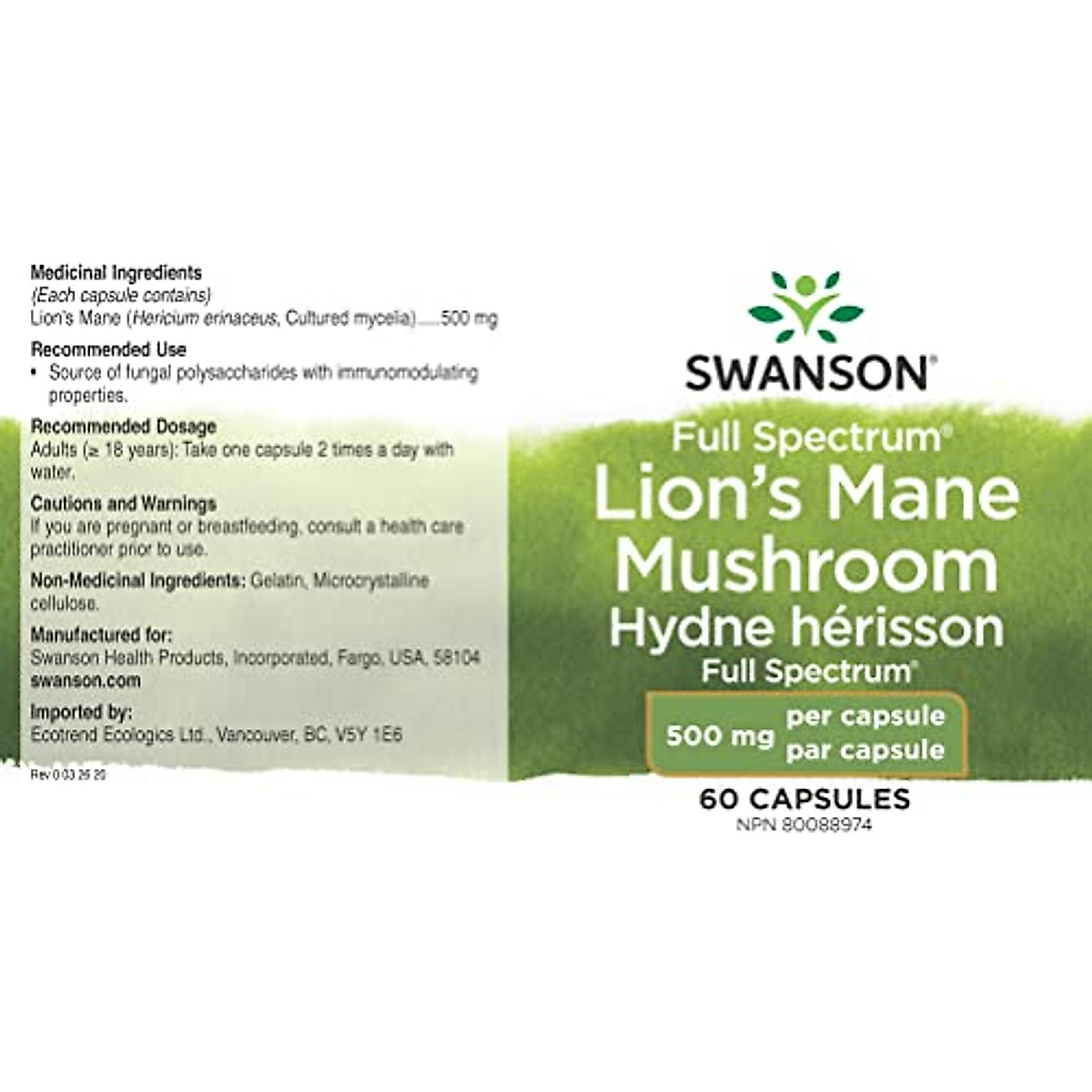 Swanson Lion's Mane Mushroom - 60 Capsules, 500mg Each