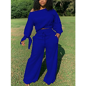 MRSYVES Solid 2 Piece Outfits for Women Sexy Clubwear Plus Size and Off Shoulder Long Sleeve Shirt Loose Pants Set Tracksuit Blue S
