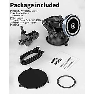 Magnetic Wireless Car Charger, 18W Fast Mag Safe Car Charging Dashboard Mount with Adjustable Metal Air Vent Hook Compatible with iPhone 14/13 Pro/13 mini/12/12 Pro/12 Pro Max/12 Mini