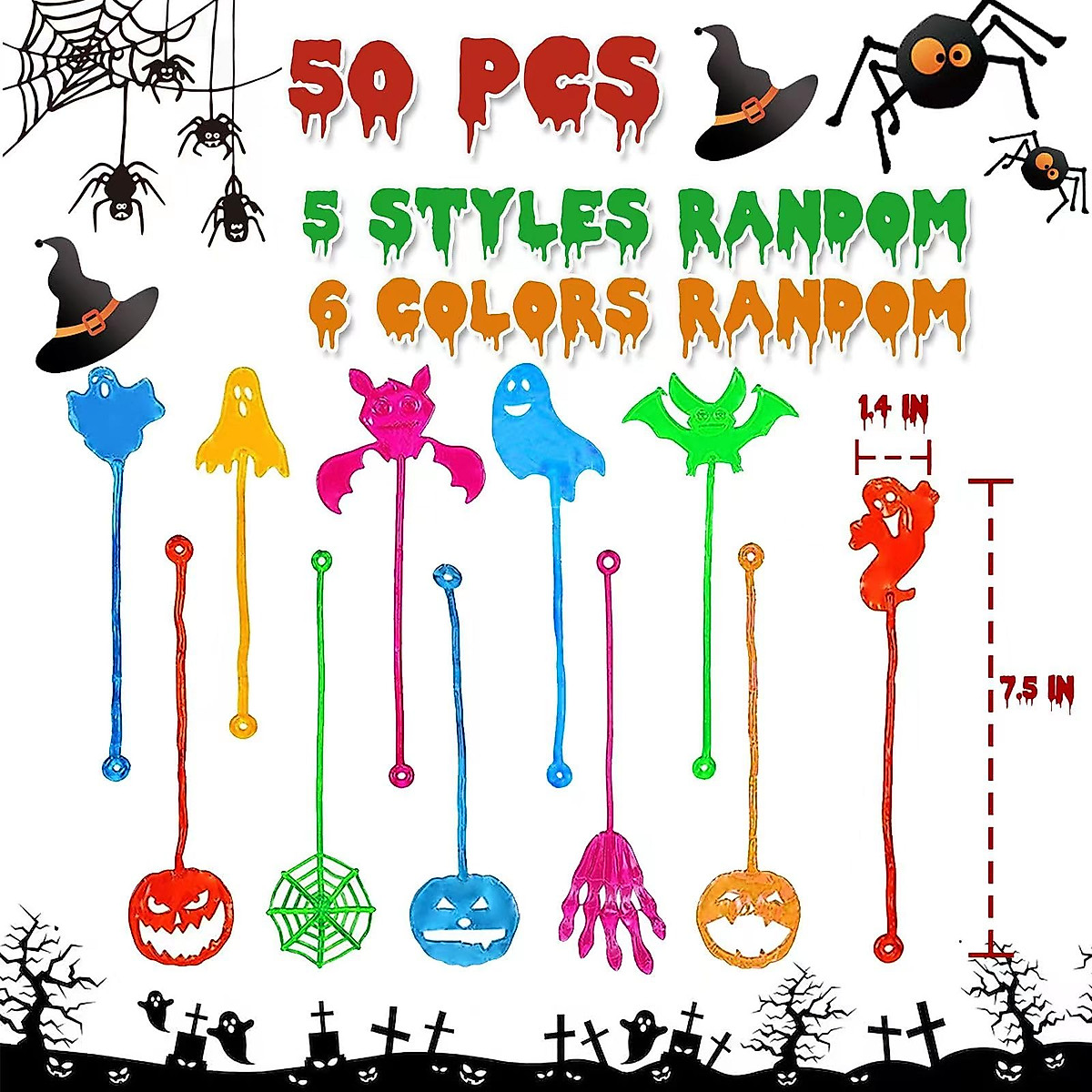 50Pcs Halloween Stretchy Sticky Hands,Party Favors for Kids,Skull Skeleton Bat Ghost Pumpkin Styles Sticky Toys For Goodie Bags,Halloween Exchange Gifts,Treasure Box Fillers and Classroom Prizes