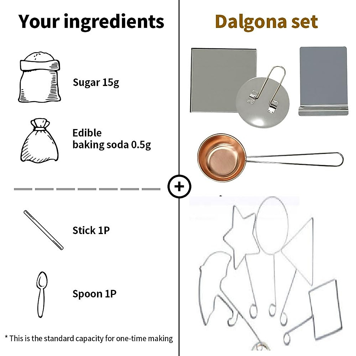 Korean Candy Making Kit - Complete 9-Piece Dalgona Kit with Shapes, Bottom Tray, Ladle, Press Tray, Dragger - Korean Candy Making Supplies for Home - Included Baking Soda