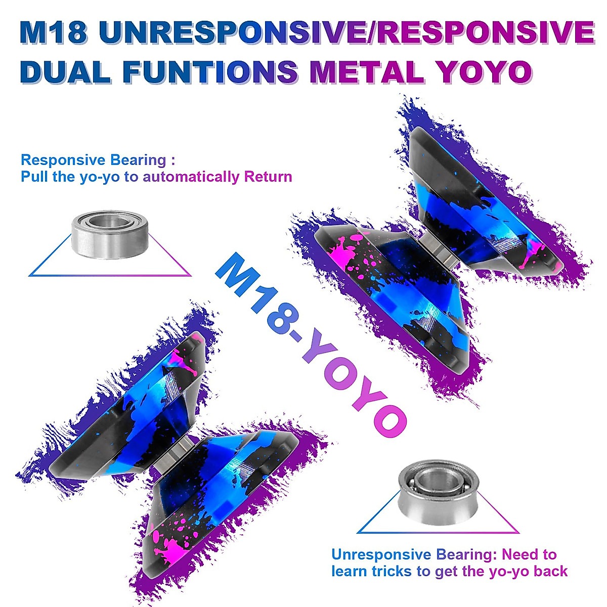 WATIEOBOO yoyo M18 Professional Metal Trick Yoyo Responsive & Unresponsive yoyos for Kids 8-12 and Adults yoyo, with Bearing Kit, 10 Strings, Case & Gloves 6061 Aluminum Alloy yo-yo