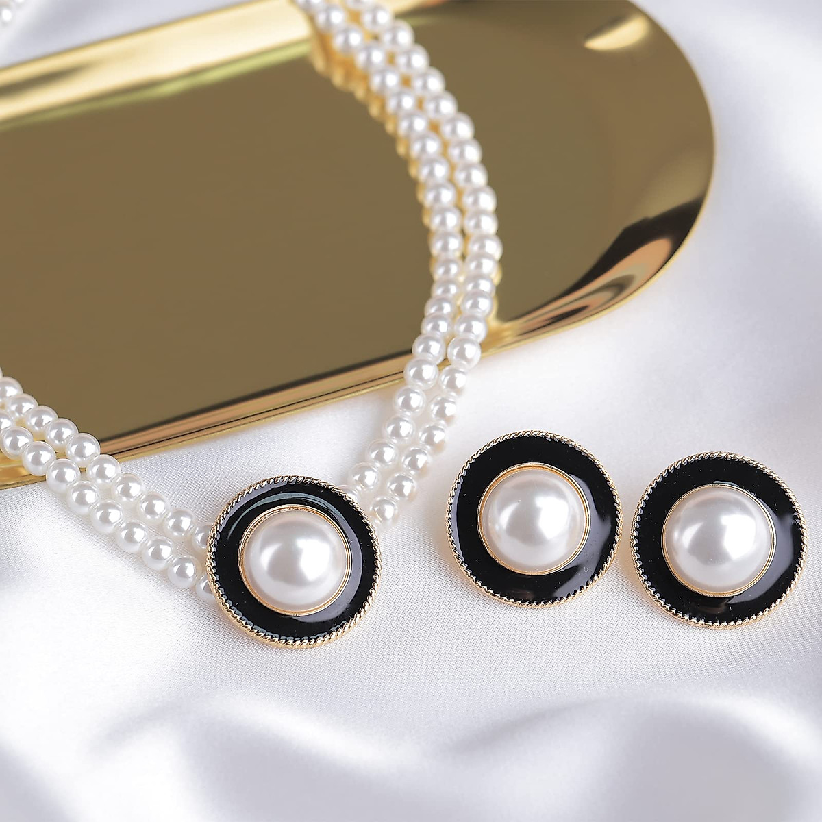 Sisslia Black and White Necklace Jewelry Sets for Women Pearl Necklace and Earring Set Pearl Jewelry Set for Women Black and White Necklaces Set for Women black pearl jewelry set