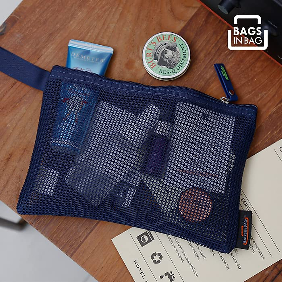 Bags In Bag Mesh Zipper Pouch Makeup Cosmetic Accessories Pencil Case Organizer Mesh Zipper Bags For Storage, Travel, Office (8.6x5.9 in) (Navy)