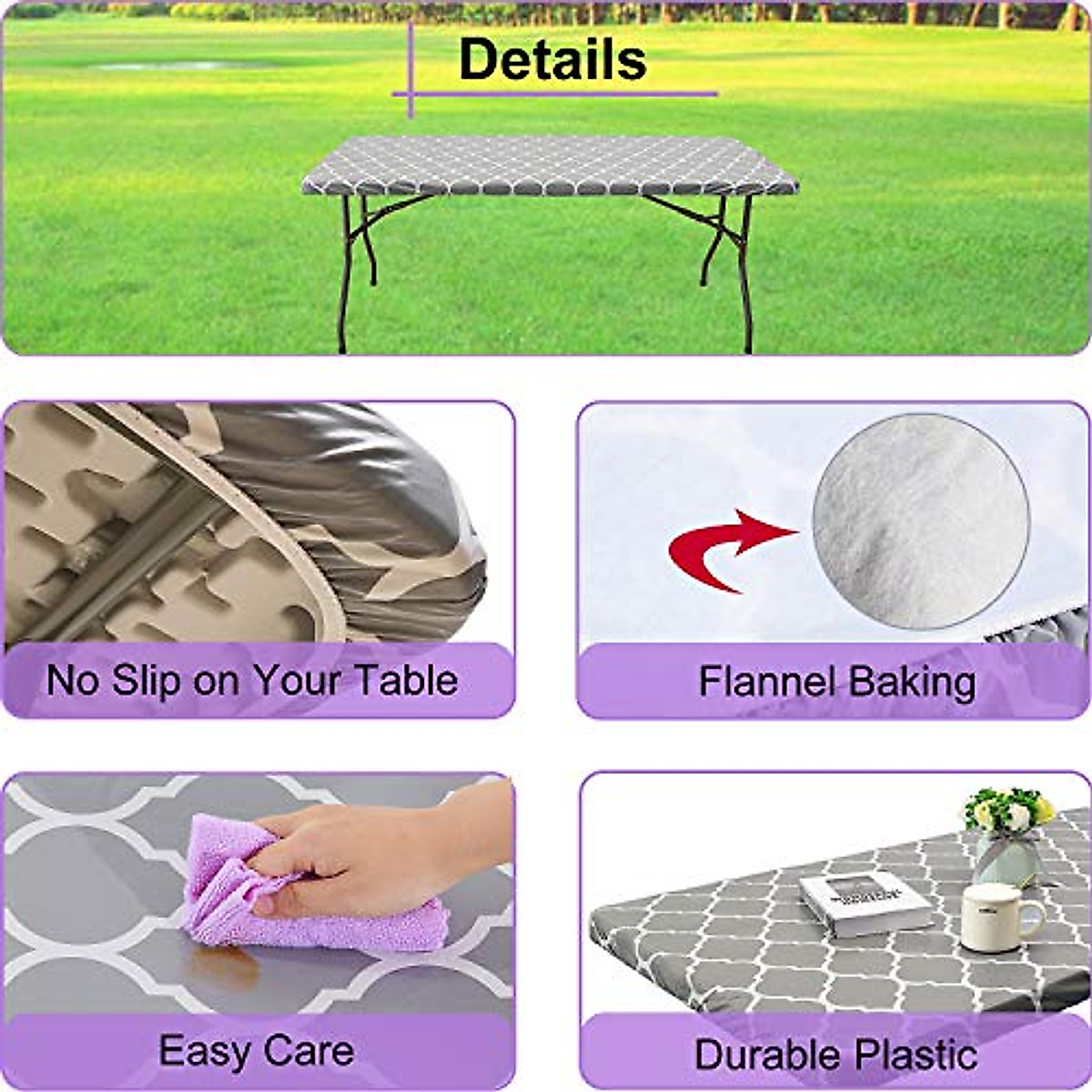 Vinyl Fitted Tablecloth for 6 ft Rectangle Table, Gray Moroccan Design, Waterproof Elastic Table Cover with Flannel Backed Lining, Fits 30"x72" Folding Table, for Outdoor Picnics/Travel/Holiday/Party