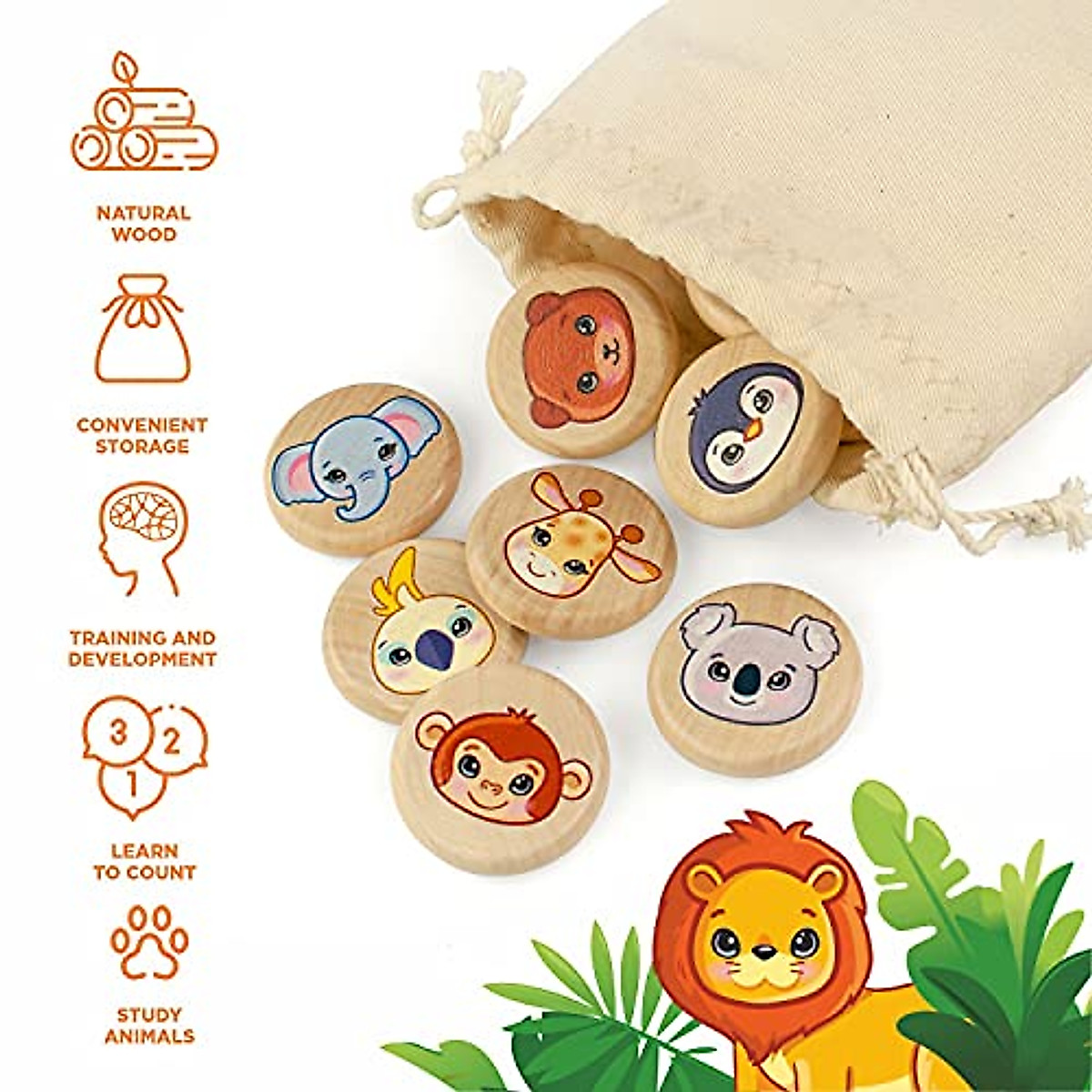 Ulanik Wild Animals Matching Memory Game for Toddlers Age 3 + Year Old Preschool Wooden Board Games for Kids 4-8 Learning & Education Toys — 30 Chips, 1.57 in