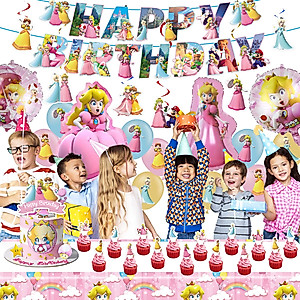 Princess Peach Birthday Party Supplies, Princess Peach Party Decorations, Princess Peach Party Favors Include Banners, Hanging Swirls, Balloons, Cake Decoration, Cupcake Toppers, Tablecloth
