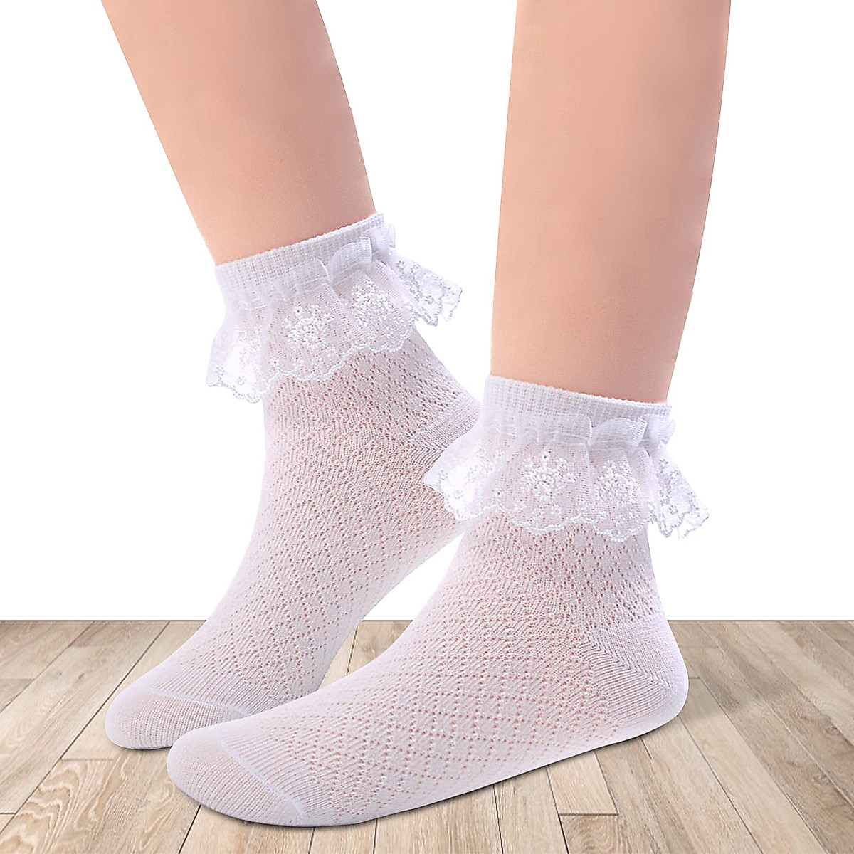 Looching 4/5 Pair Baby Girls Eyelet Ruffle Cotton Lace Socks White Princess Dress Socks For Toddler Kids Child 1-10 Years (as1, age, 8_years, 10_years, White)