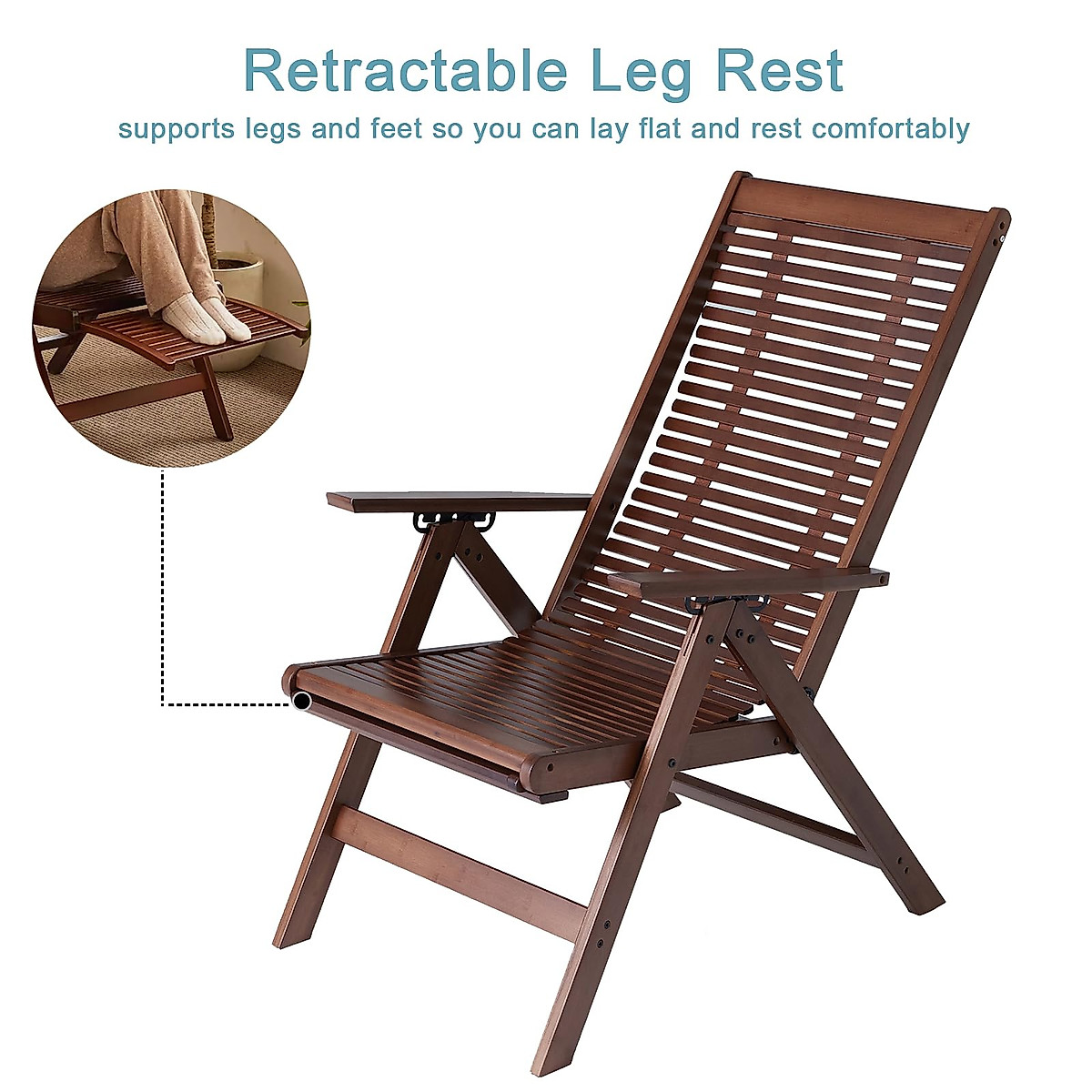 Chaise Lounge Chair for Outdoor,Patio Lounge Chair with 5 Adjustable Positions,Bamboo Chaise Lounge with Extendable Legs,Pool Recliner for Poolside Deck Backyard Lawn,Braun