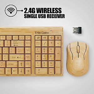 Wireless Bamboo Keyboard and Mouse – Natural, Handmade, Eco-Friendly. Compact Keyboard with 2 Keypads. 3-Button Mouse with Scroll Wheel. Comes with a Wooden Pen by Trio Gato