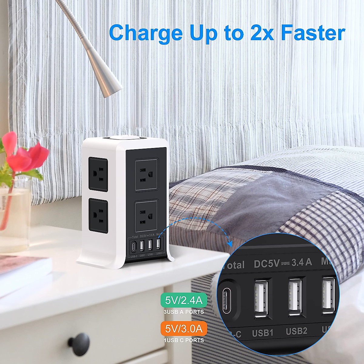 Surge Protector Power Strip 16.4FT/5M 8 Outlet 4 USB Ports Power Strip with Long Cord Outlet Surge Protector Tower Power Strip with USB Plug Lead Extension Cord