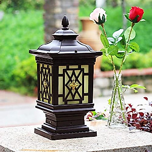 MODEBHD Column Lamp Brown Chinese Retro Rustproof Aluminum Metal Exterior Lamp Vintage Square Outdoor IP44 Waterproof Post Light Fixtures E27 Garden Wall Patio Pillar Lamp Stigma Light