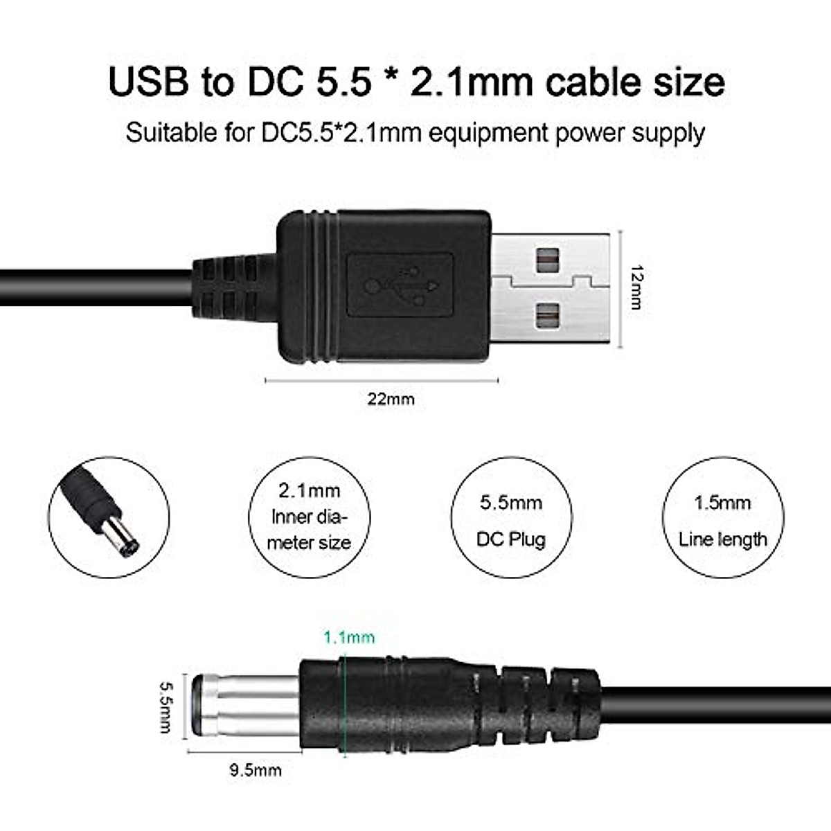 XINYUWIN USB Type-A Male to 5.5mm x 2.1mm Barrel 5V DC Power Cable with 4 Connectors Compatible with Laptop, Notebook, HUB Splitter, Router, LED Lights, USB Speaker