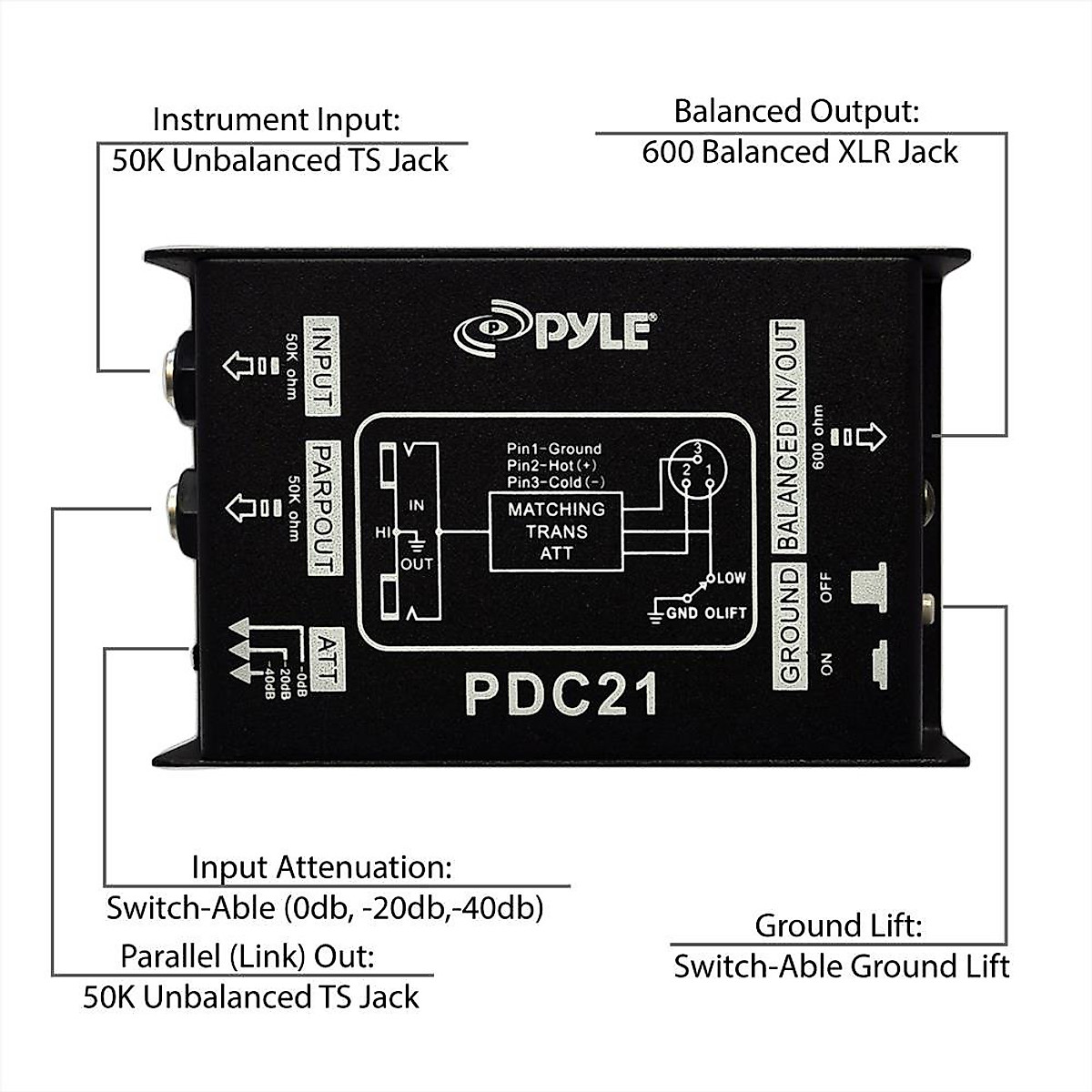 Pyle Premium Direct Injection Audio Box - 2.36" x 4.09" Passive DI Unit Hum Eliminator w/ Input Attenuator to Connect Guitar & Bass, 1/4'' Impedance Transformer Connector to Balanced & Unbalanced XLR
