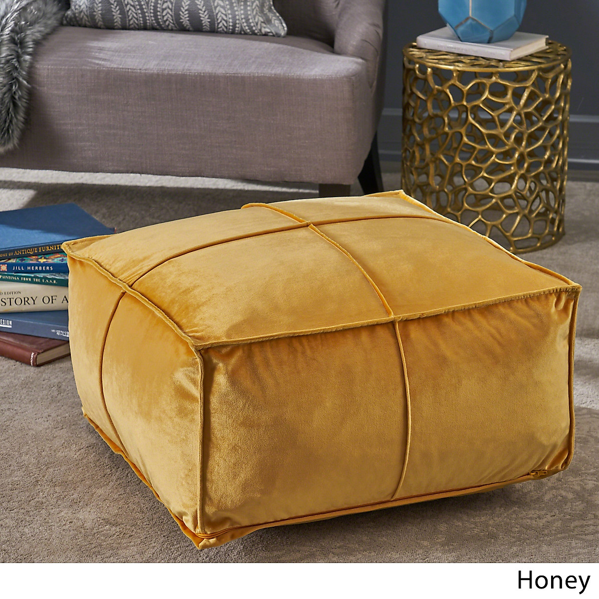 Christopher Knight Home Cytheria Honey Velvet Square Bean Bag Ottoman