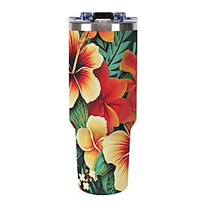 LYHVSFJW 40 Oz Tumbler with Handle Straw Hawaiian Style Print Pattern Water Cup with Lids Stainless Steel Water Bottle Travel Insulated Mug Coffee Mug Vacuum Insulated Cup for Daily Use