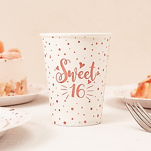 Crisky Rose Gold Sweet 16 Birthday Napkins Plates Cups Set for Girl 16th Birthday Party Decorations Supplies, Disposable Tableware Set of 24 (9" Plates, 7" Plates, Luncheon Napkins, 9oz Cups)