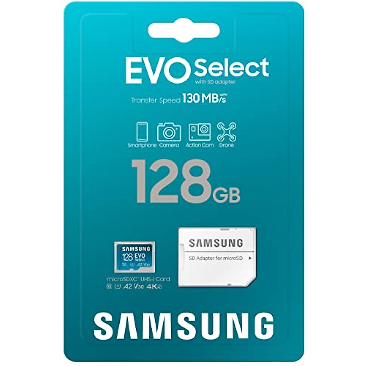 SAMSUNG EVO Select Micro SD-Memory-Card + Adapter, 128GB microSDXC 130MB/s Full HD & 4K UHD, UHS-I, U3, A2, V30, Expanded Storage for Android Smartphones, Tablets, Nintendo-Switch (MB-ME128KA/AM)