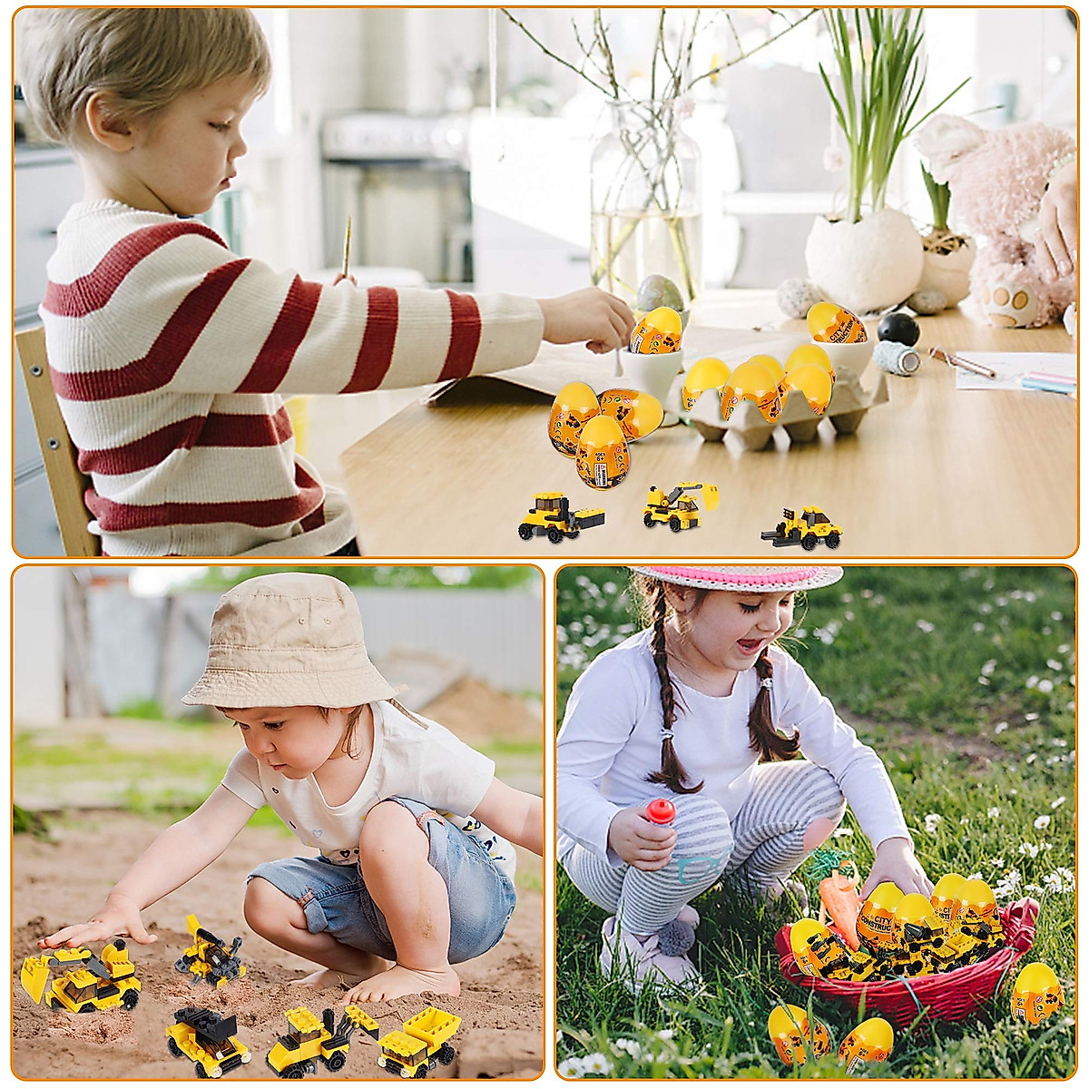 ATDAWN 12 Pcs Prefilled Easter Eggs with Construction Vehicles Building Blocks for Easter Basket Stuffers, Easter Egg Hunt, Easter Party Favors