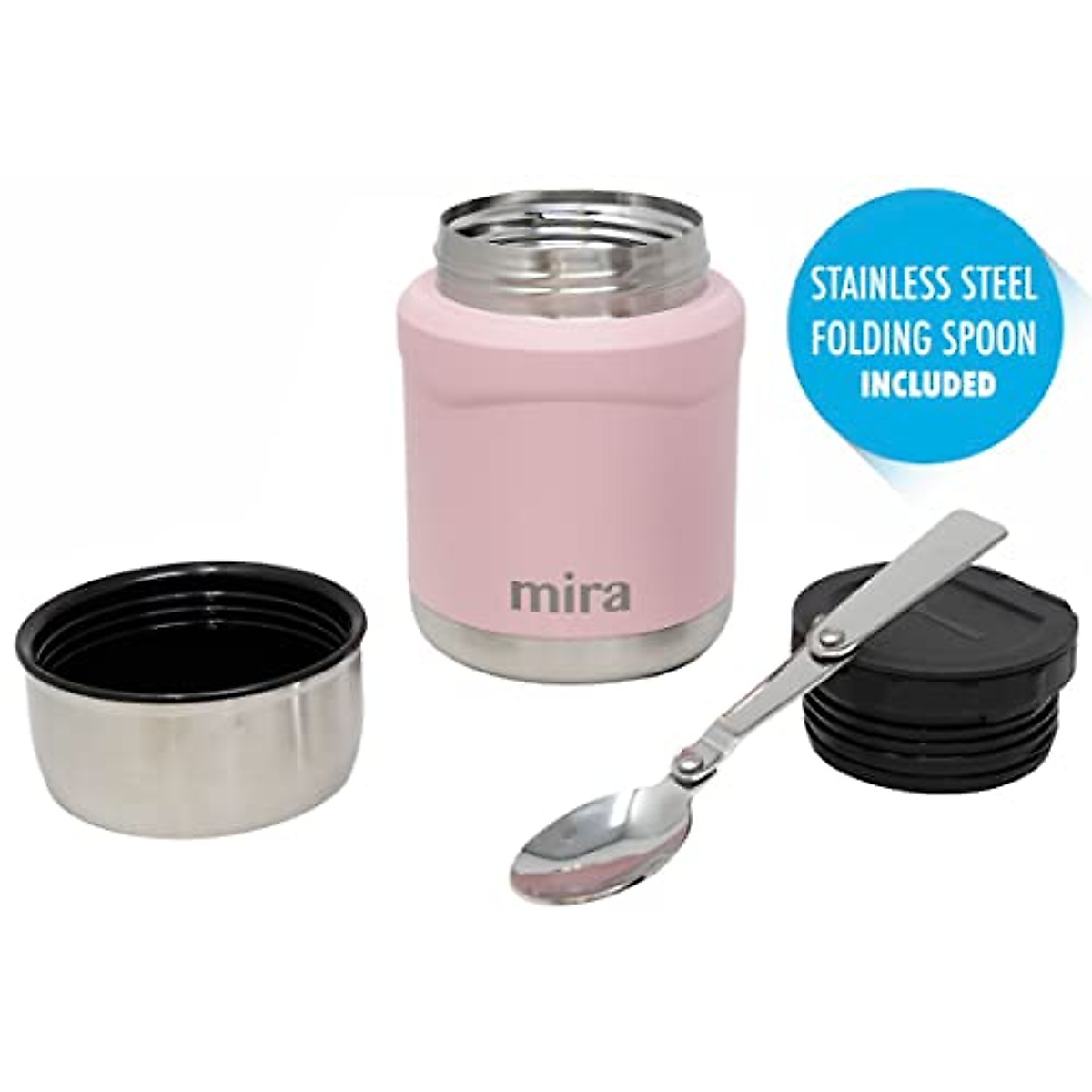 MIRA Thermos for Hot Food & Soup - 15 oz Insulated Food Jar with Foldable Spoon - Leak Proof Stainless Steel Thermal Storage Lunch Container, Canteen, Double Walled, Pink