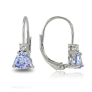 Sterling Silver Genuine Tanzanite & White Topaz Trillion-Cut Tiny Huggie Leverback Drop Earrings for Women