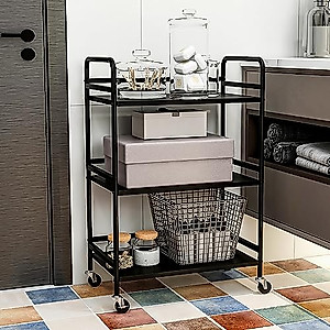 Metal Rolling Cart with 3-Tier Storage Rack,3-Tier Rolling Cart, Utility Cart,Versatile Large Capacity Heavy Duty Cart,Cart with Lockable Wheels,Multifunctional Storage Rack(Black)…