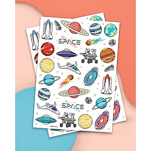 xo, Fetti Space + Planets Glow in Dark Temporary Tattoos for Kids - 50 pcs | Alien Birthday Party Supplies, Astronaut Favors + Rocket ship Decorations