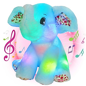BSTAOFY 12‘’ Musical Light Up Elephant Plush Toy Floppy LED Stuffed Animals Lullabies Nightlight Bedtime for Kids Birthday Valentines for Toddlers, Blue