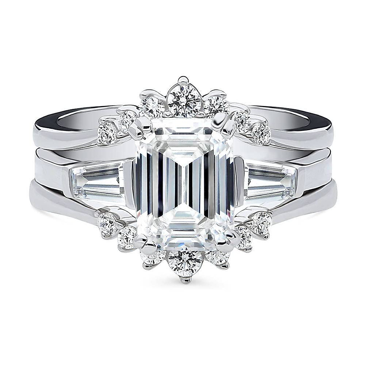 BERRICLE Sterling Silver 3-Stone Wedding Engagement Rings Emerald Cut Cubic Zirconia CZ 7-Stone Ring Set for Women, Rhodium Plated Size 5.5