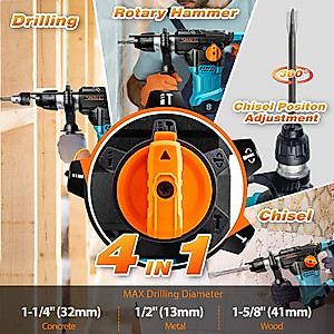 SHALL 1-1/4 Inch SDS Plus Heavy Duty Rotary Hammer Drill, 1500W Rotomartillo, 6 Variable Speeds, Flat Chisel, Point Chisel and 3 Drill Bits Included, for Drilling, Hammering, Chiseling, 0-950 RPM