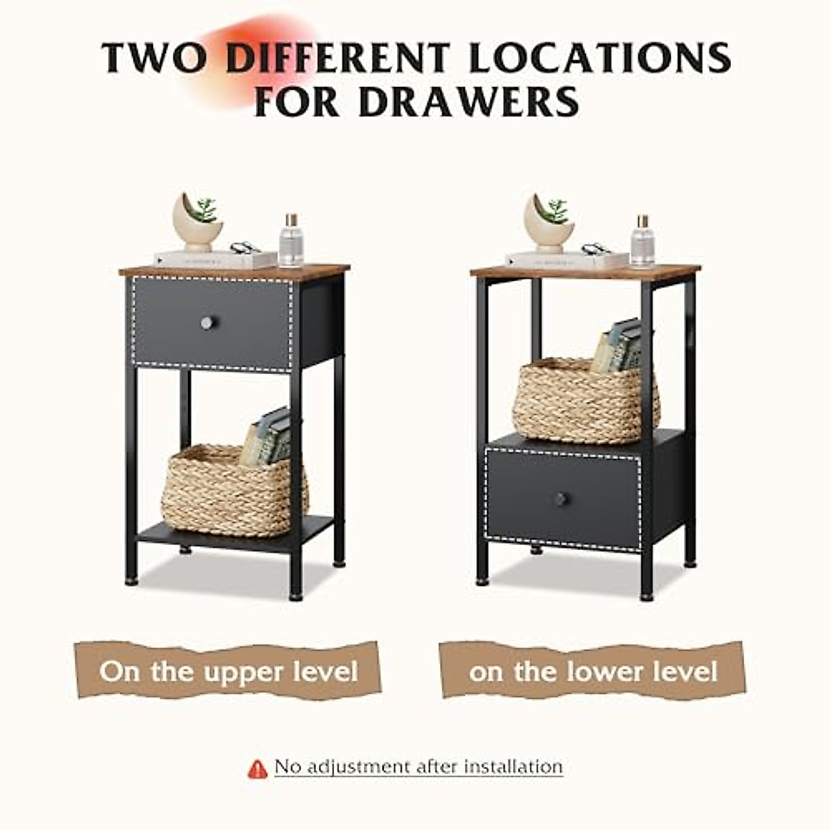 WLIVE Nightstand, Bedside Table with Adjustable Wooden Drawer, 2-Tier Night Stands for Couch, Bed, Sofa, End Table Side Table for Bedroom, Living Room, Black (1 Pack)