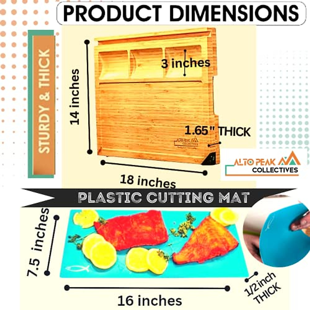 ALTO-PEAK COLLECTIVES–100%Extra-Large Bamboo Wood Prep Cutting Board for Kitchen-4 Plastic Flexi Mats–Beautiful Wooden Charcuterie boards w/handles & 3 deep-compartments-Chopping Board-cell/iPad stand