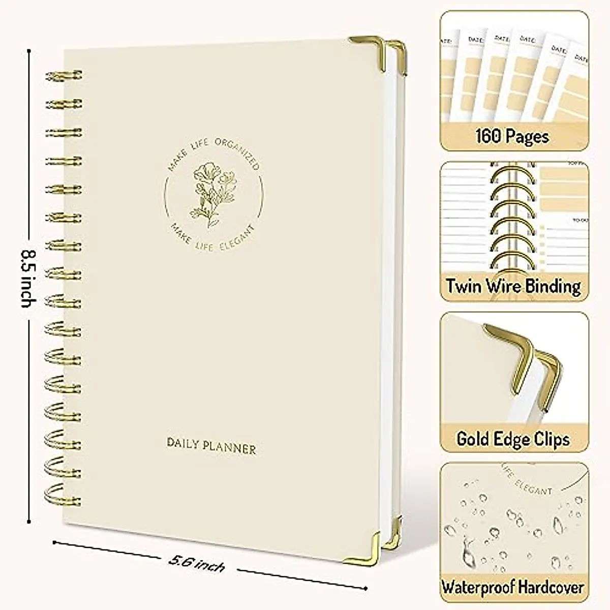 Aesthetic Daily Planner Undated, To Do List Notebook Planner with Hourly Schedule, Hardcover Work Planner - Stay Organized & Boost Productivity, Organizer Notebook for Office School Supplies,160
