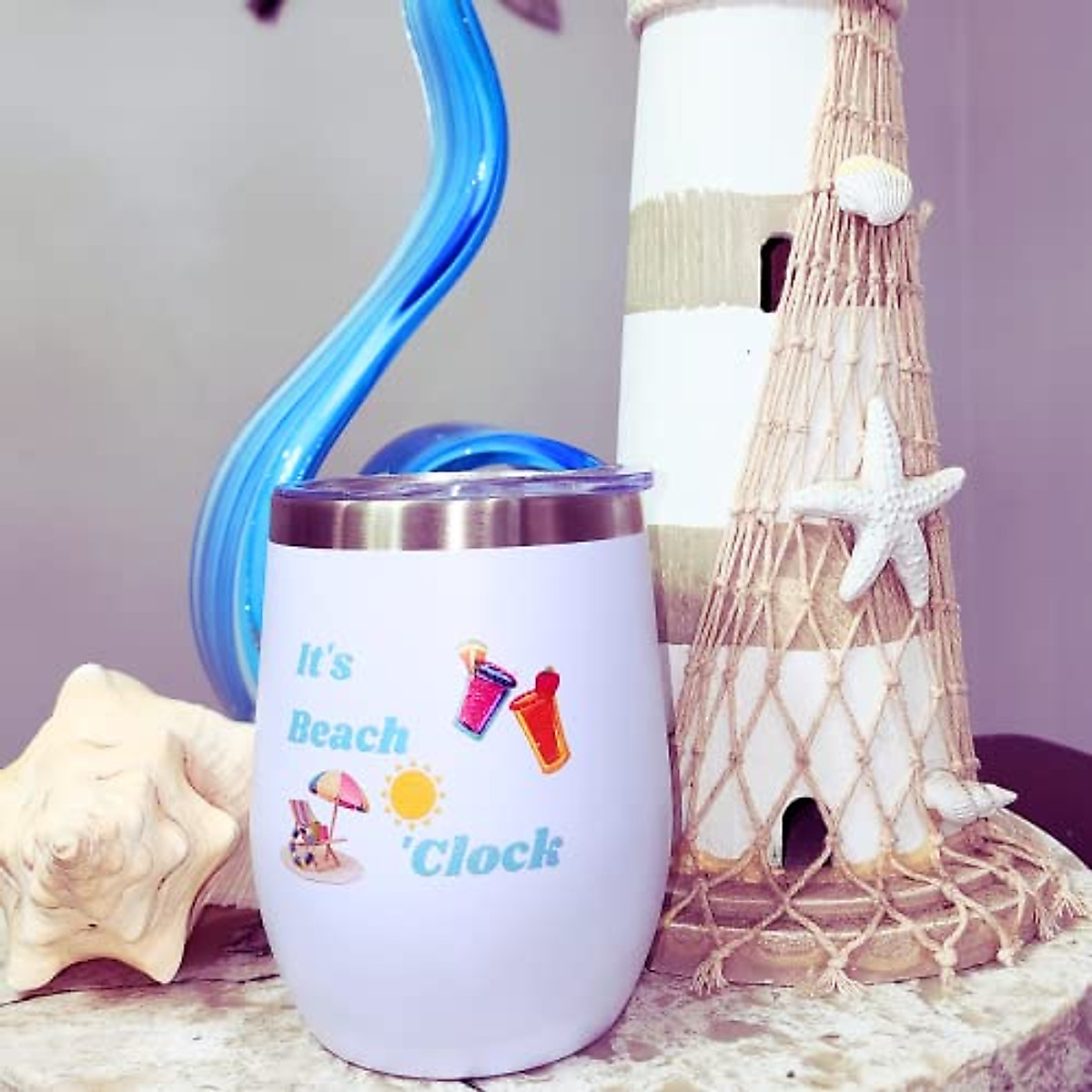 Lovely shape, White, It's Beach O 'Clock 3D UV Color Printing, Beach Accesories, Wine Tumbler Double Wall Stainless Steel Insulated 12oz, Durable Coffee Mug, Cocktail, Beer, Office (white)