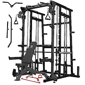 MAJOR LUTIE Smith Machine with Weight Bench, SML07 1600lbs Power Cage with Weight Bar and Two LAT Pull-Down Systems and Cable Crossover Machine, Exercise Machine Attachment Black (2023 Upgrade)